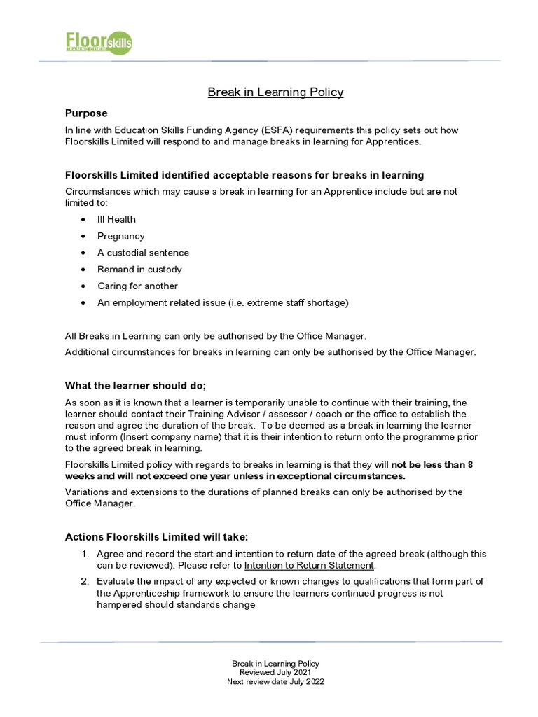 Break in Learning Policy | PDF | Apprenticeship | Learning