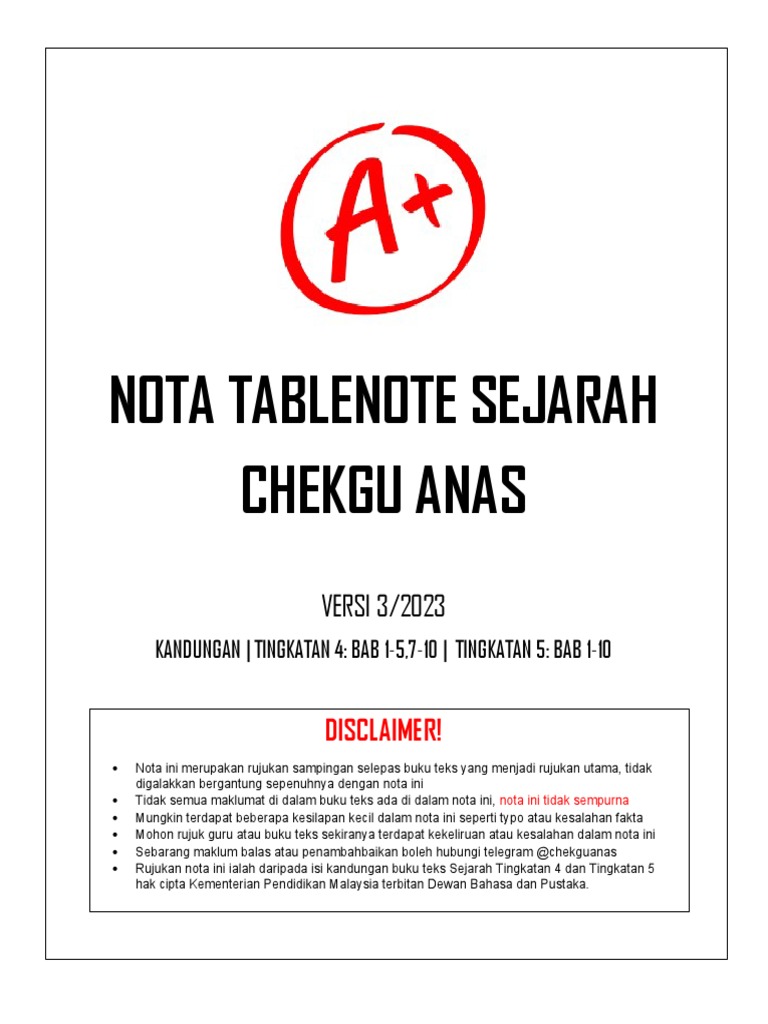 Nota Tablenote Sejarah Chekgu Anas: VERSI 3/2023 | PDF