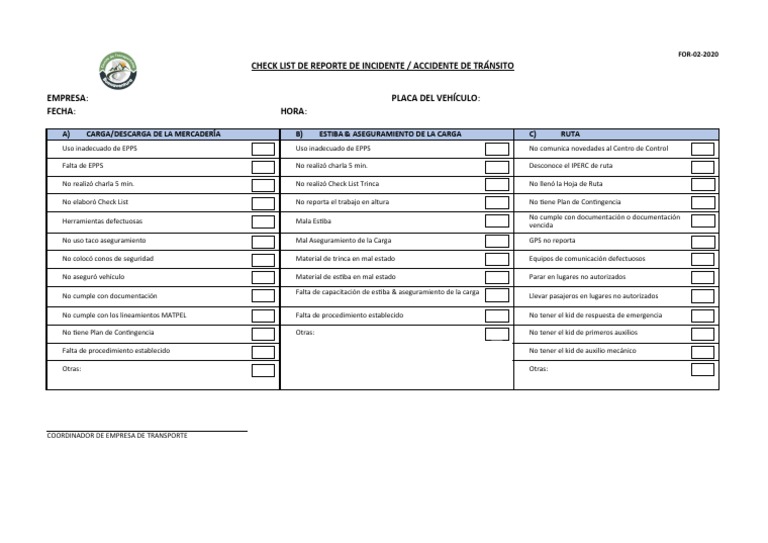Check List de Reporte de Incidente / Accidente de Tránsito Empresa ...