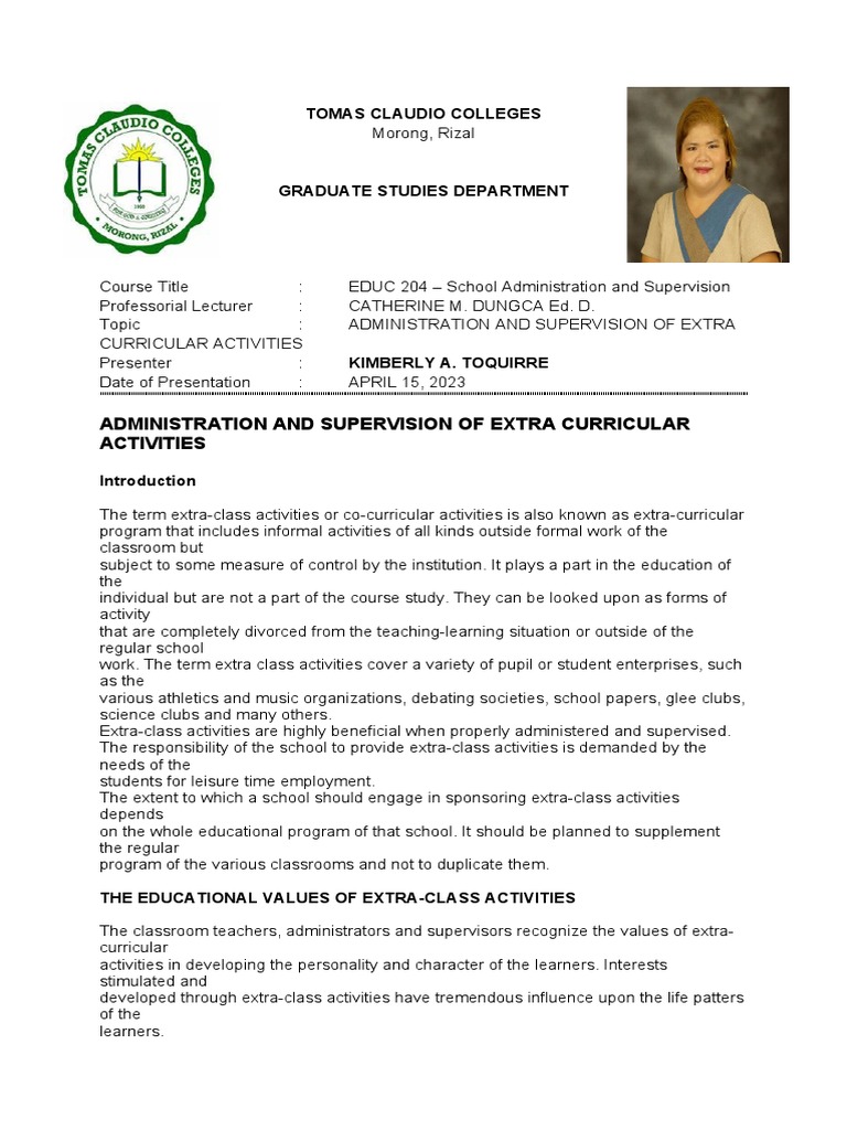 Educ 204 - Written Report - Kimberly Toquirre - Administration and ...