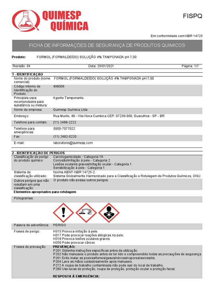 Formol Formaldeido Solucao Tamponada PH 7 00 | PDF | Formaldeído ...
