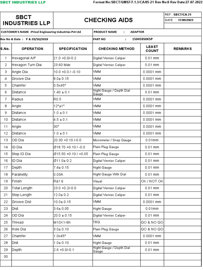 SBCT INDUSTRIES LLP CHECKING AIDS FOR ADAPTOR PART | PDF | Length ...