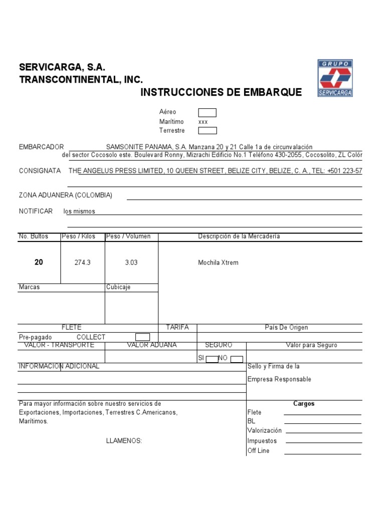 Instrucciones de Embarque Servicarga | PDF