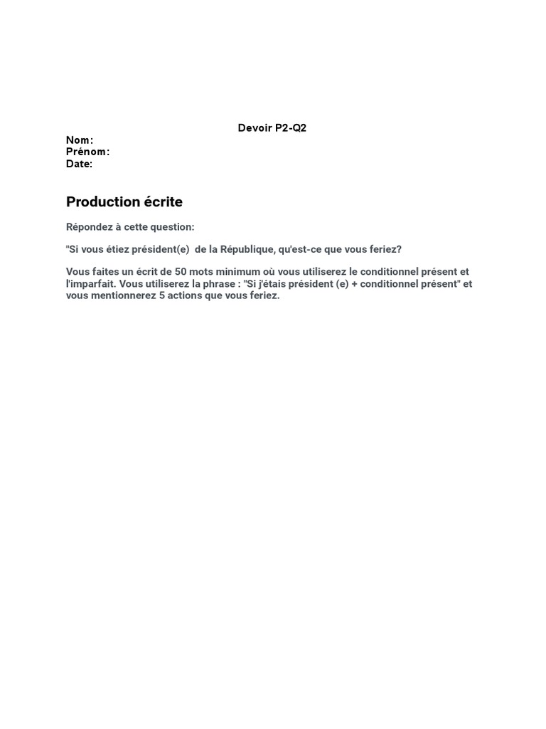 Production Écrite: Devoir P2-Q2 Nom: Prénom: Date | PDF | Arts du langage et discipline