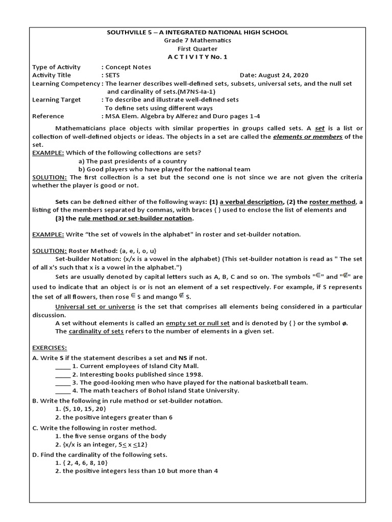 SOUTHVILLE 5 – A INTEGRATED NATIONAL HIGH SCHOOL GRADE 7 MATHEMATICS ...