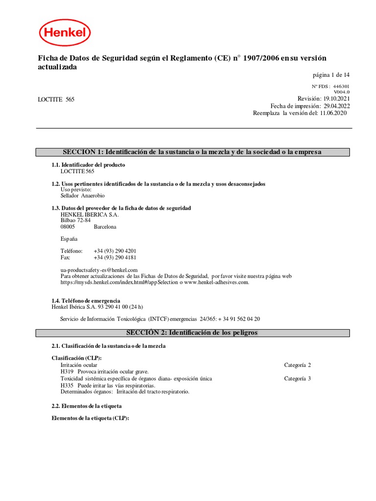 Ficha de Datos de Seguridad Según El Reglamento (CE) N° 1907/2006 en Su Versión Actualizada ...