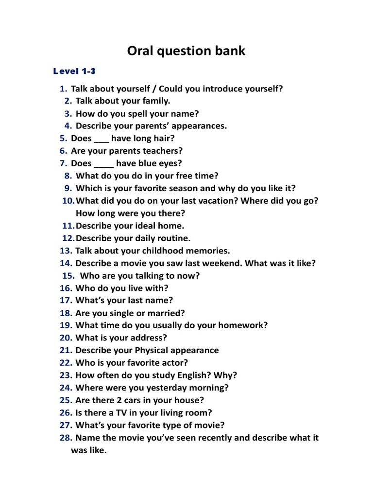 Oral Question Bank Level 1-3 | PDF