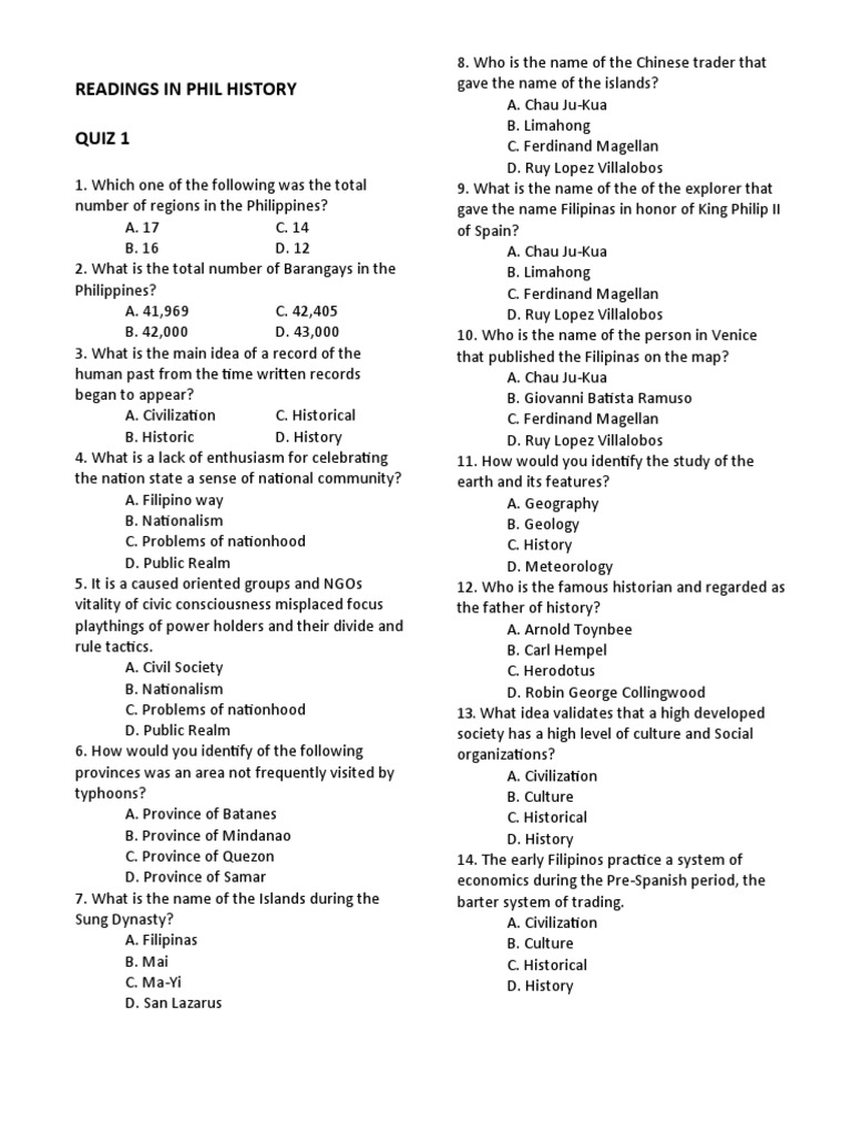 Readings in Phil Hist Quiz | PDF | Philippines