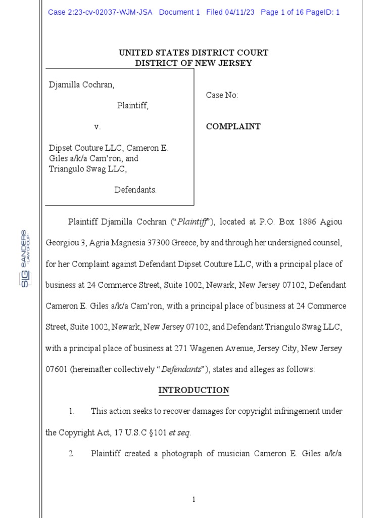 Cochran v. Dipset Couture | PDF | Copyright | Copyright Infringement