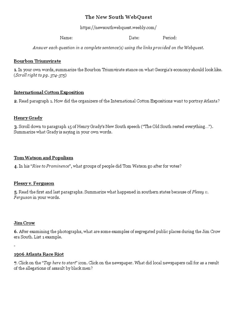 New-South-Webquest (Modified) | PDF