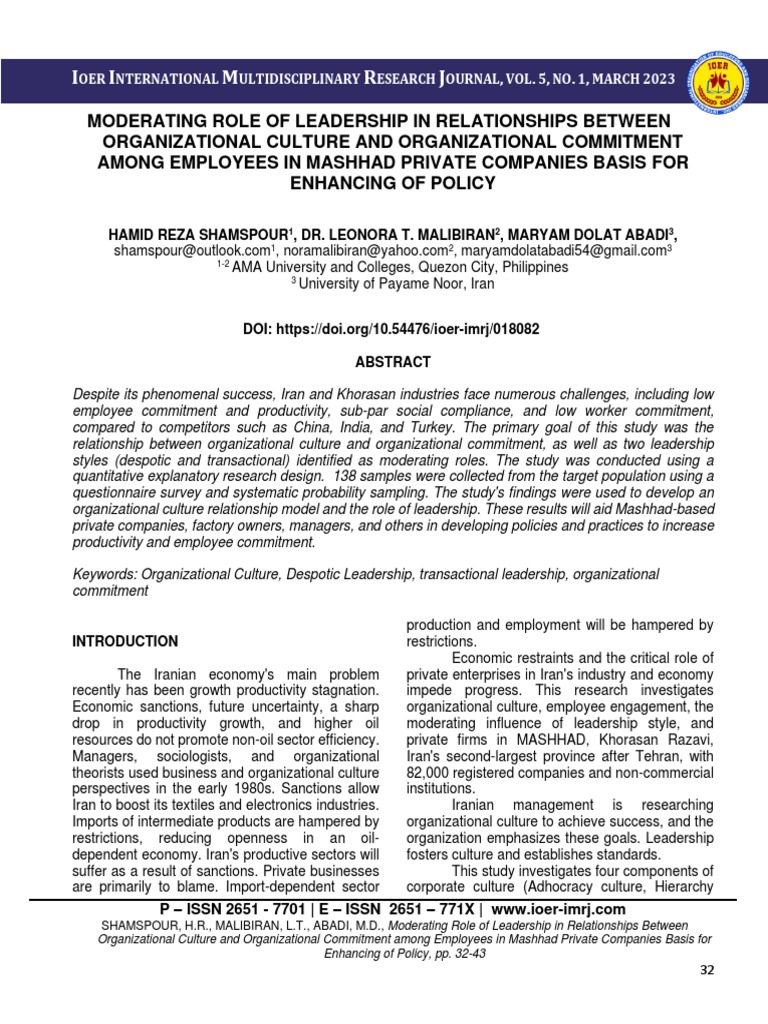 Moderating Role of Leadership in Relationships Between Organizational Culture and Organizational ...