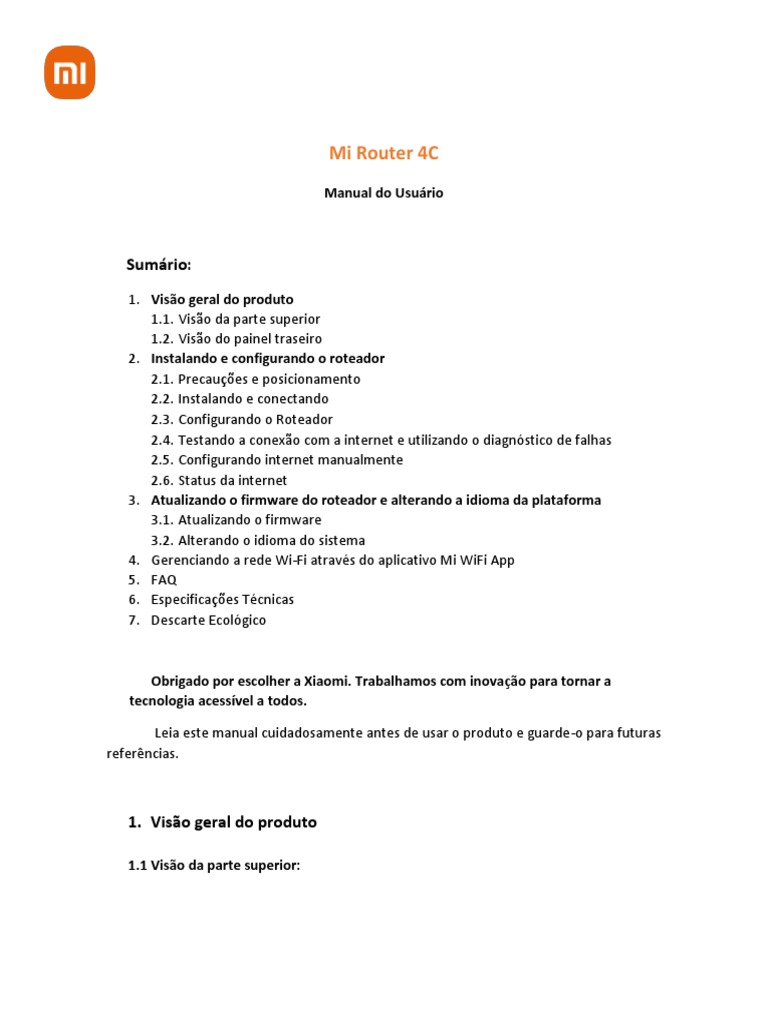 Configuração do Mi Router 4C | PDF | Wi-Fi | Rede de computadores