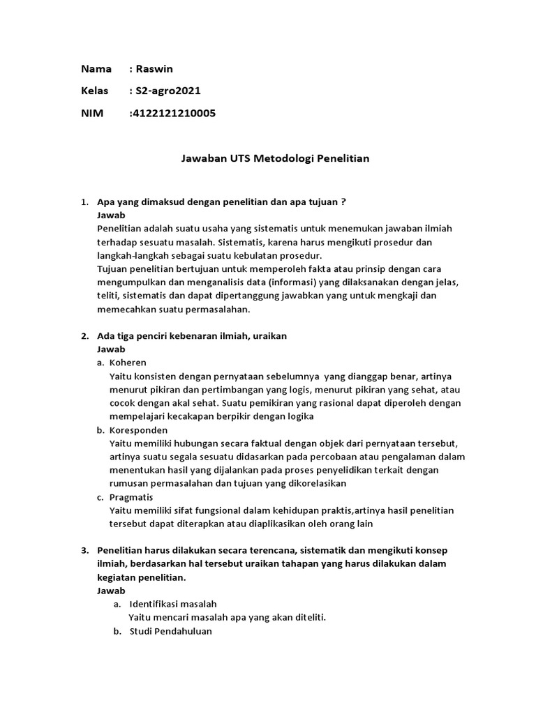 Jawaban Uts Raswin Filsafat Ilmu Dan Metodologi Penelitian Prof Ai ...