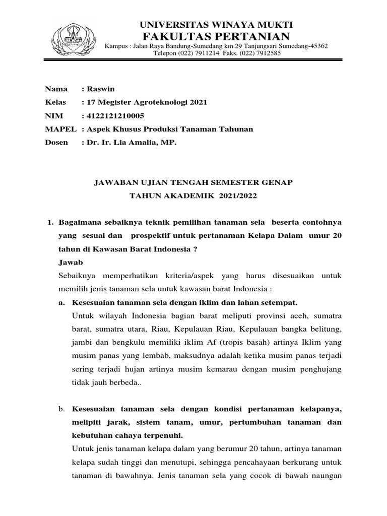 Jawaban Uts Raswin Akptt Dr. Ir. Lia Amalia, Mp. | PDF