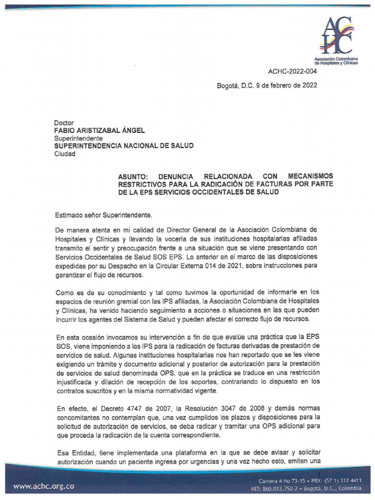 Comunicación SNS-práctica Indebida SOS EPS | PDF