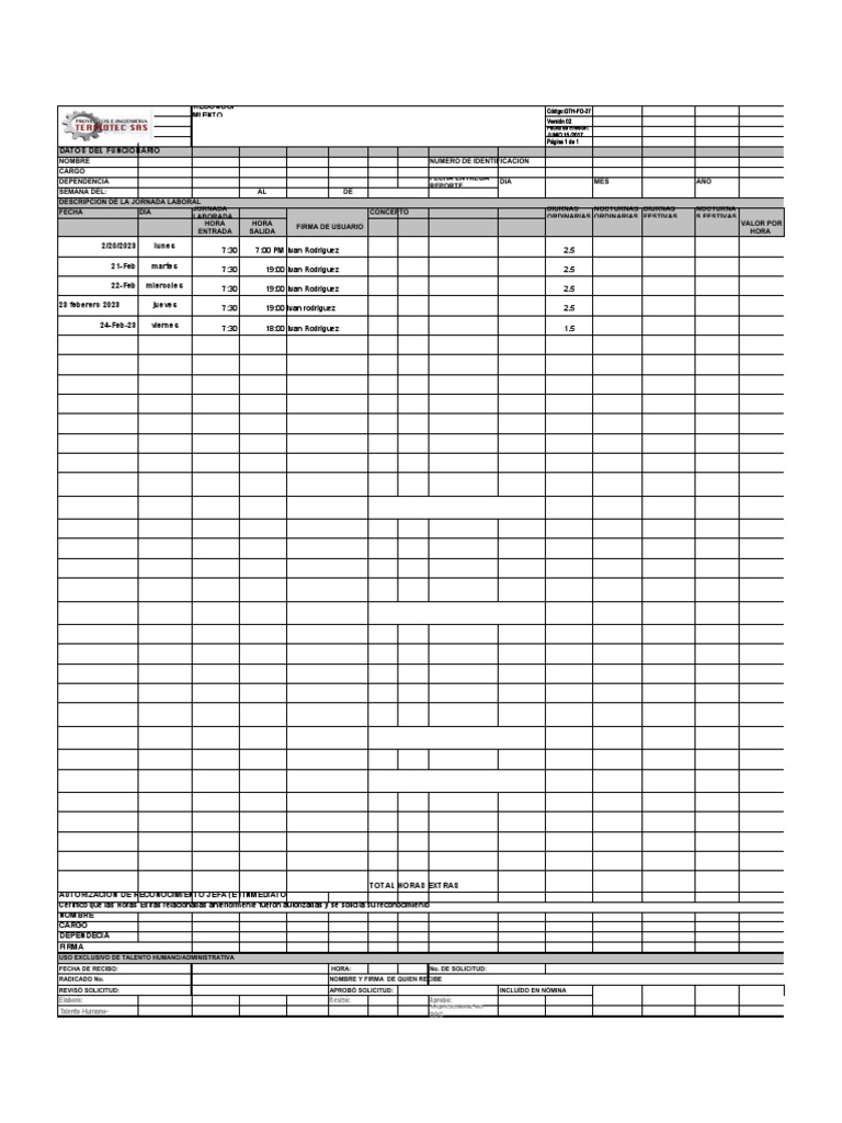 Formato de Reconocimiento de Horas Extras | PDF