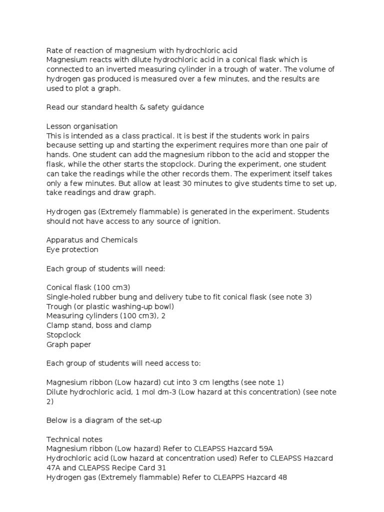 Rate of Reaction of Magnesium With Hydrochloric Acid | PDF | Magnesium ...
