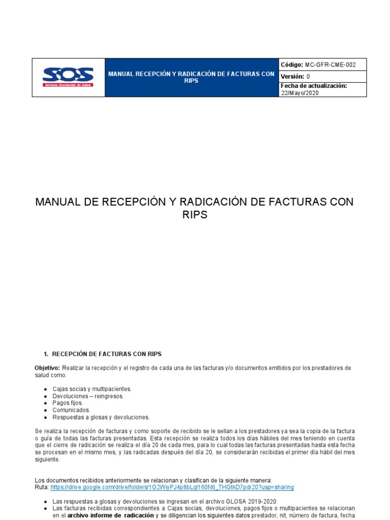 Manual Recepción Y Radicación de Facturas Con Rips | PDF | Archivo de ...