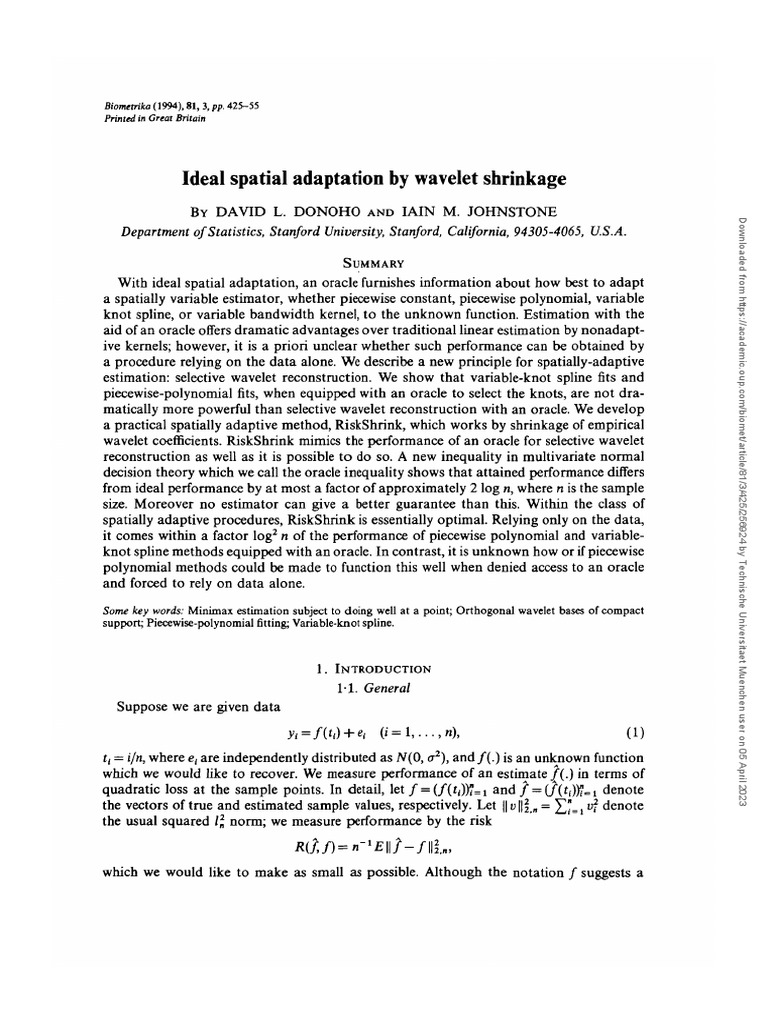 1994 Ideal Spatial Adaptation by Wavelet Shrinkage | PDF | Wavelet | Mathematical Analysis