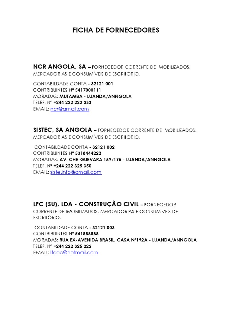 Ficha de Fornecedores e Clientes Angola | PDF | Tecnologia e Engenharia