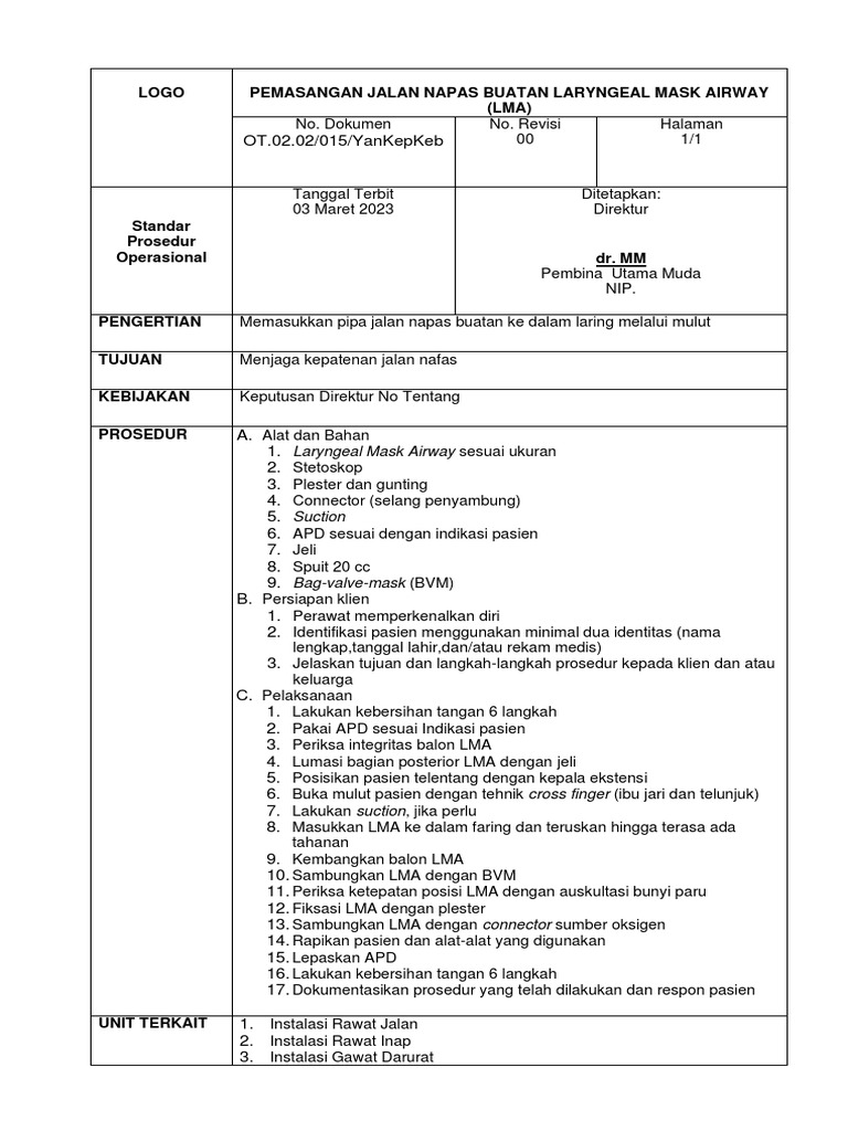 Spo Pemasangan Jalan Napas Buatan Laryngeal Mask Airway (Lma) Ok | PDF