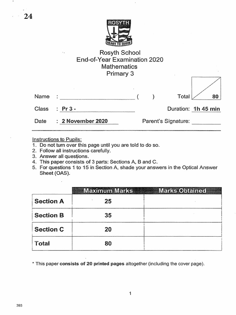 P3 Maths SA2 2020 Rosyth Exam Papers | PDF