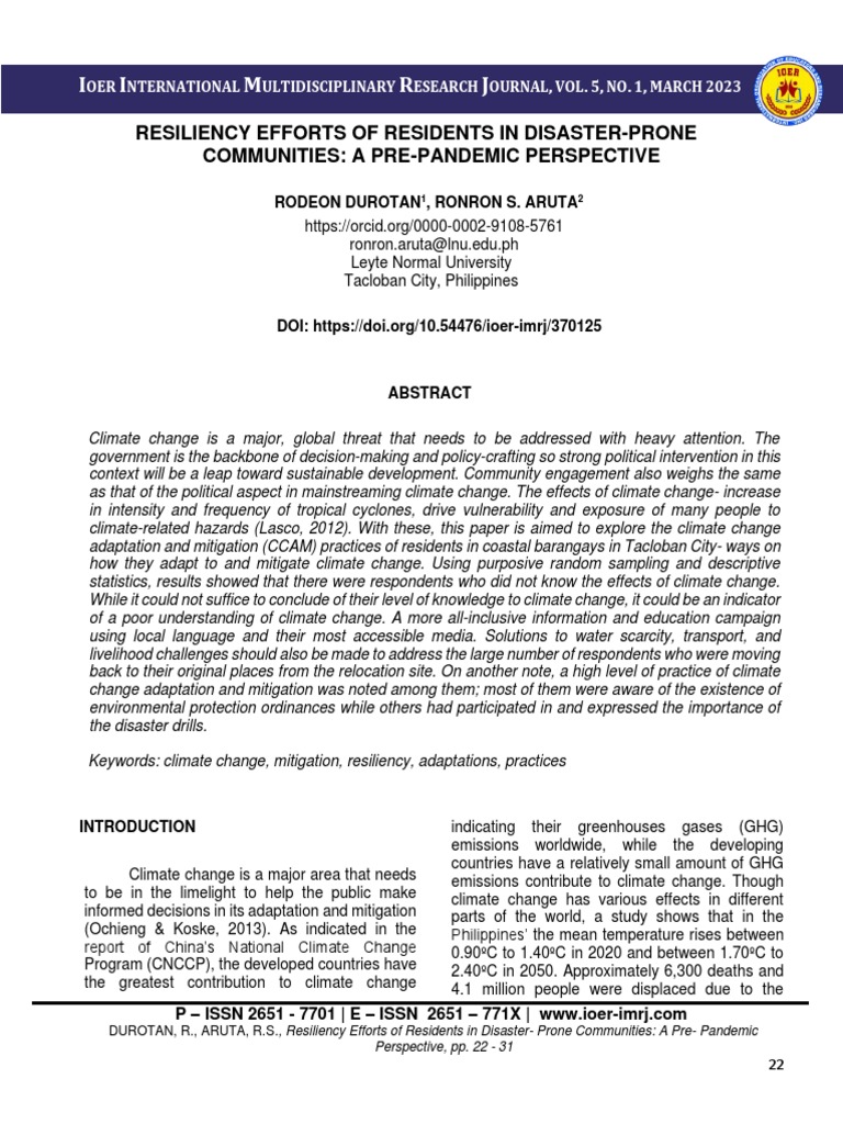Resiliency Efforts of Residents in Disaster - Prone Communities A Pre - Pandemic Perspective ...