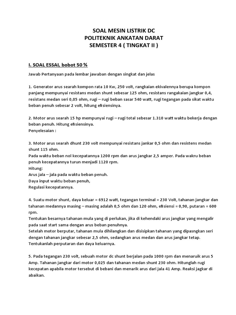 Soal Mesin Listrik DC Poltek AD | PDF
