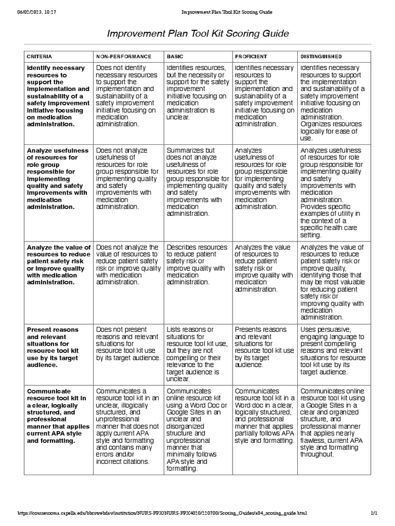 4020 A4 Improvement Plan Tool Kit Scoring Guide | PDF | Patient Safety | Apa Style