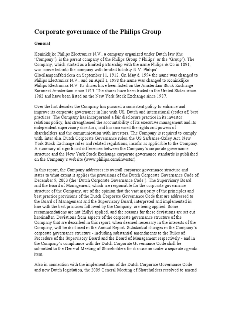 Corporate Governance of The Philips Group | PDF | Corporate Governance ...