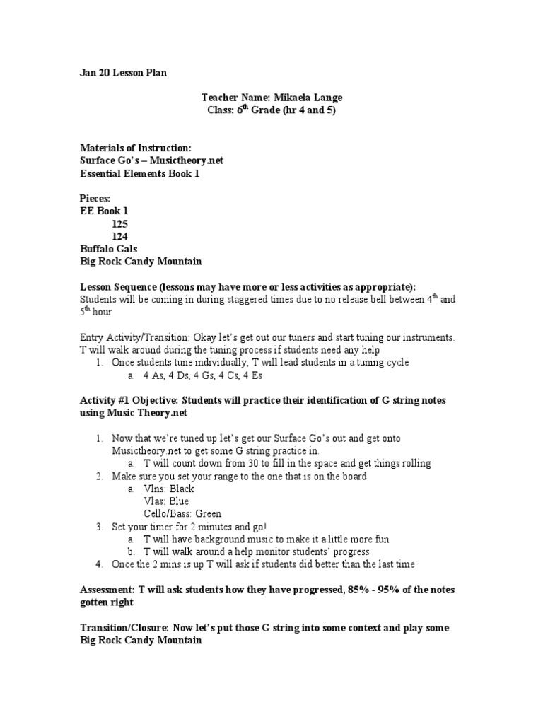 6th Grade Music Lesson Plan | PDF | String Instruments | Double Bass