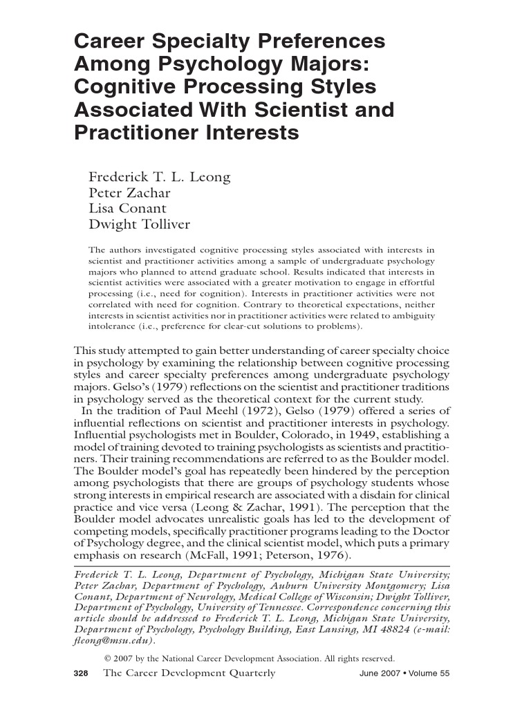 Career Specialty Preferences Among Psychology Majors Cognitive ... Career Specialty Preferences Among Psychology Majors Cognitive ...
