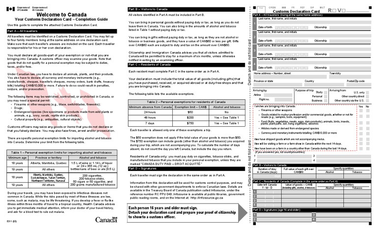 Canada Custom Declaration Card | PDF | Provinces And Territories Of ...