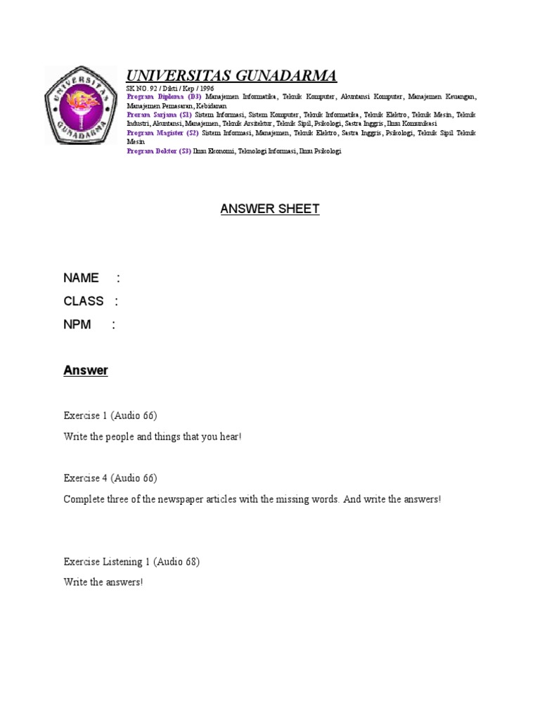 Answer Sheet - Name - Class - NPM | PDF