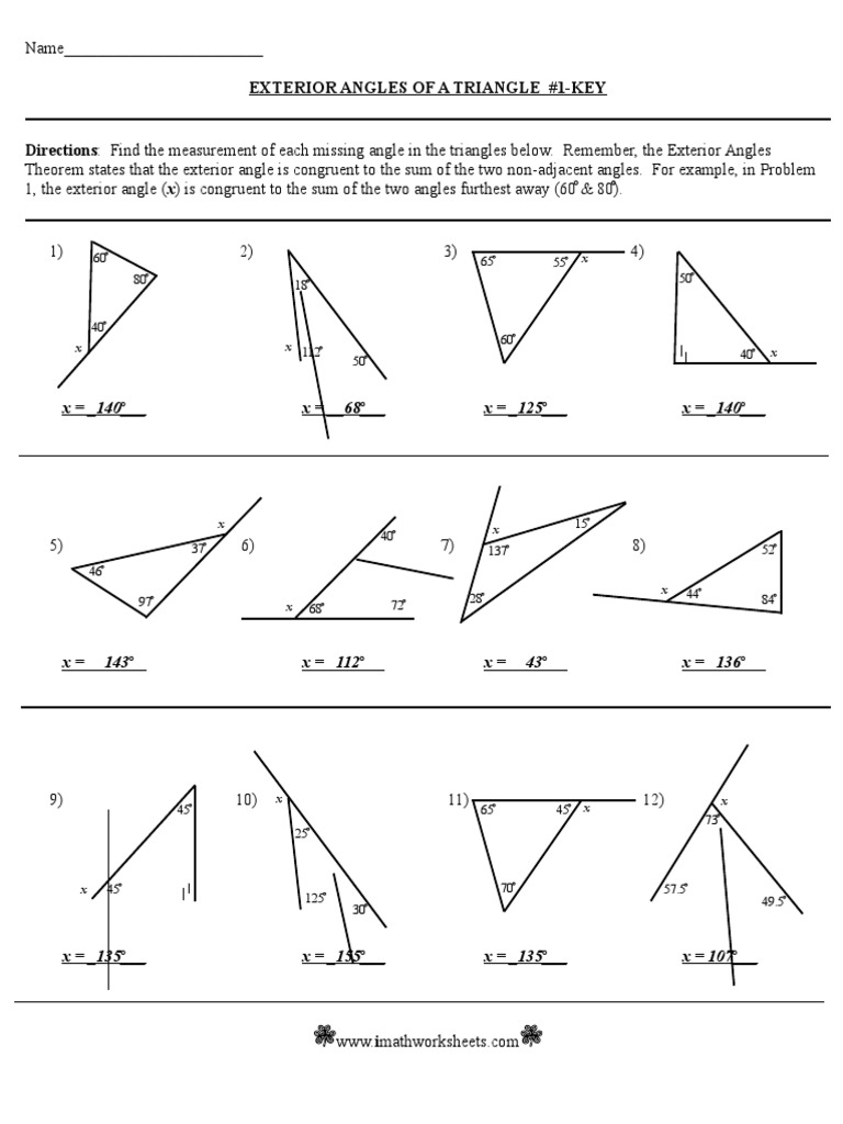 Exterior Angles Triangle 1 KEY | PDF | Triangle | Euclidean Geometry