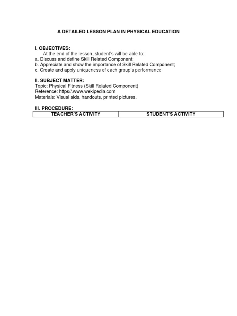 Physical Education Lesson Plan: Fitness Skills | PDF | Physical Fitness ...