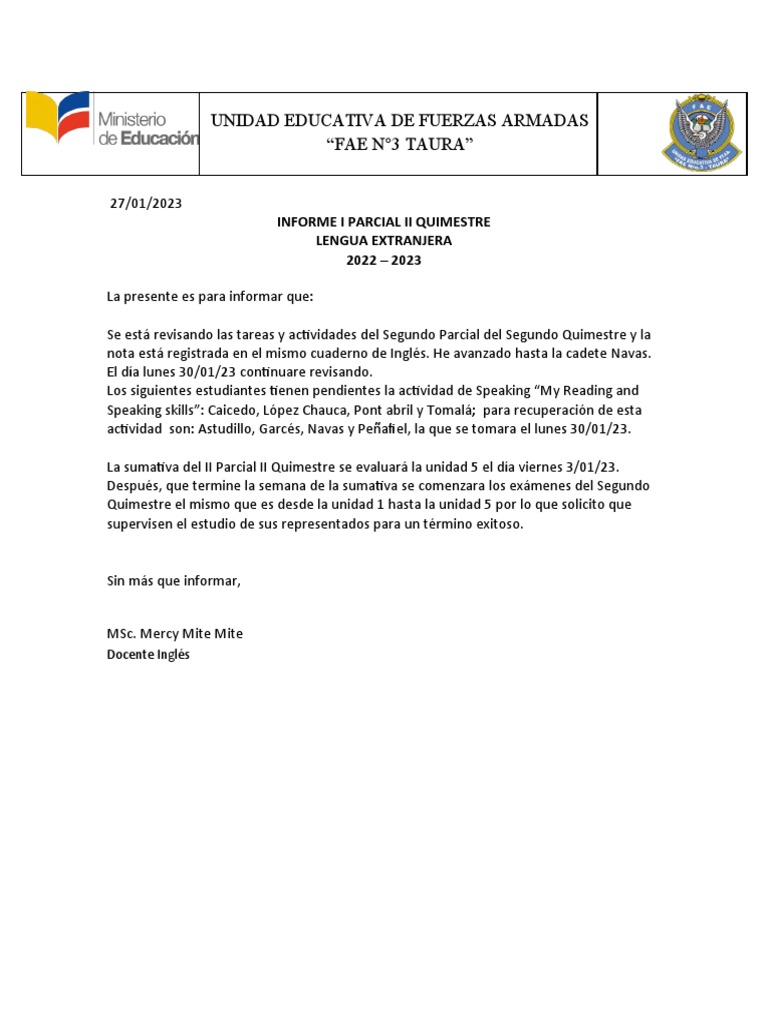 Informe II Quimestre FAE N°3 Taura | PDF