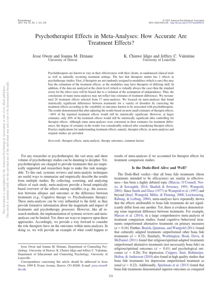 Psychotherapist Effects in Meta-Analyses: How Accurate Are Treatment ...