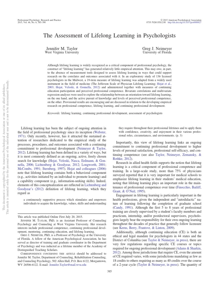 The Assessment of Lifelong Learning in Psychologists: Jennifer M ...