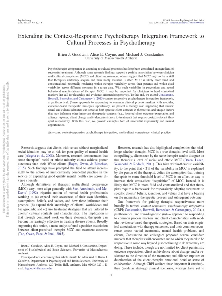 Extending The Context-Responsive Psychotherapy Integration Framework To Cultural Processes in ...
