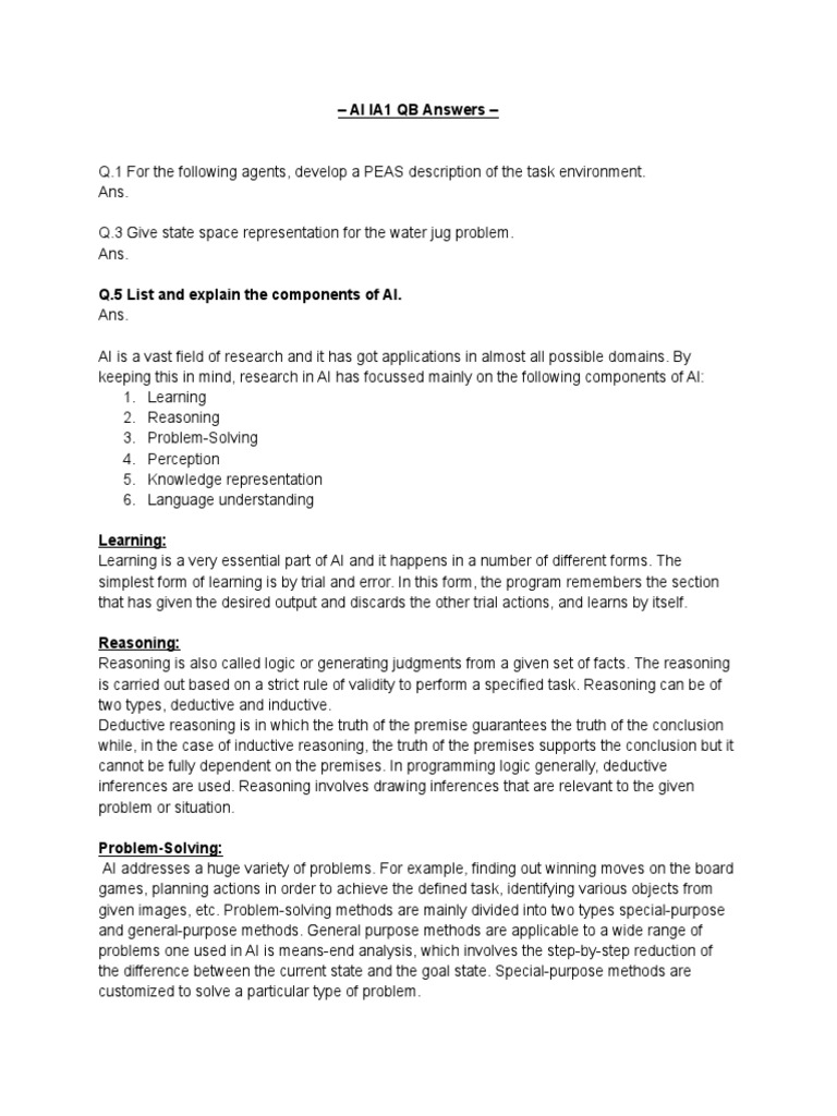 AI IA1 QB Answers | PDF | Artificial Intelligence | Intelligence (AI) & Semantics
