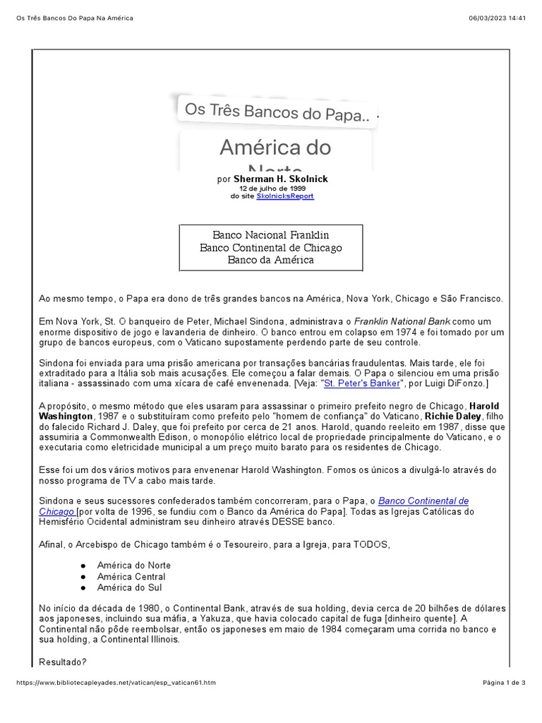Controle do Vaticano em Bancos dos EUA | PDF | Papa | Os Estados Unidos
