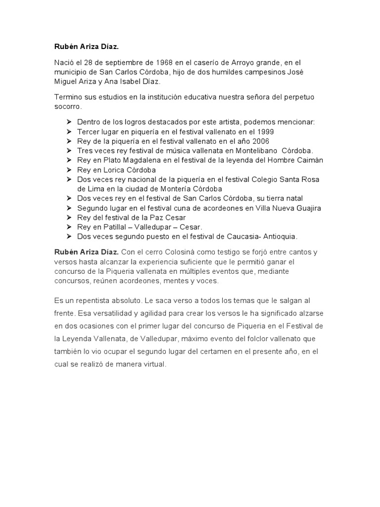 Biografía de Rubén Ariza Díaz | PDF | Musica Latinoamericana | Musica ...