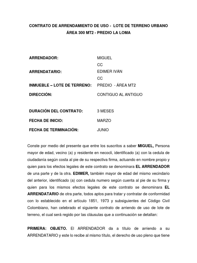 Contrato de Arrendamiento de Uso - Lote de Terreno Urbano | PDF | Arbitraje