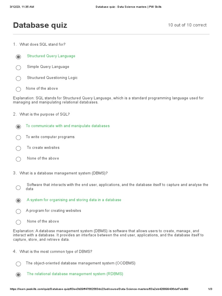 Data Science SQL Quiz | PDF | Databases | Relational Database