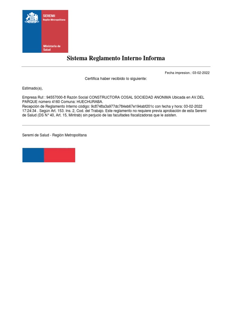 Certificado Entrega de RIOHS Seremi Salud | PDF