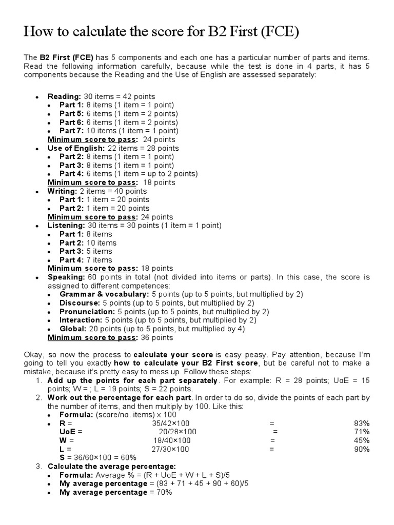 B2 First (FCE) Score Calculation Guide | PDF | Percentage