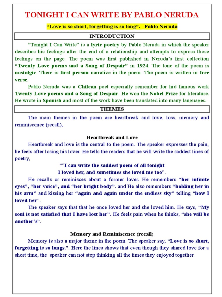 Tonight I Can Write by Pablu Neruda | PDF | Poetry | Love