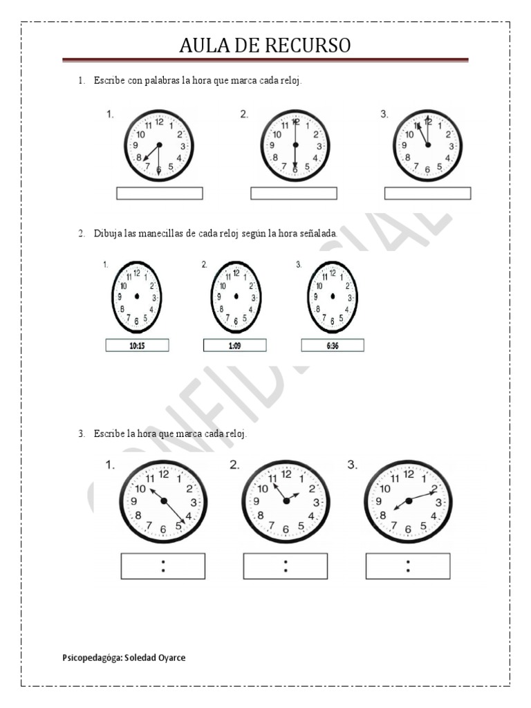 Aula de Recurso: 1. Escribe Con Palabras La Hora Que Marca Cada Reloj | PDF