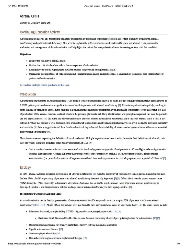 Adrenal Crisis - StatPearls - NCBI Bookshelf | Download Free PDF ...